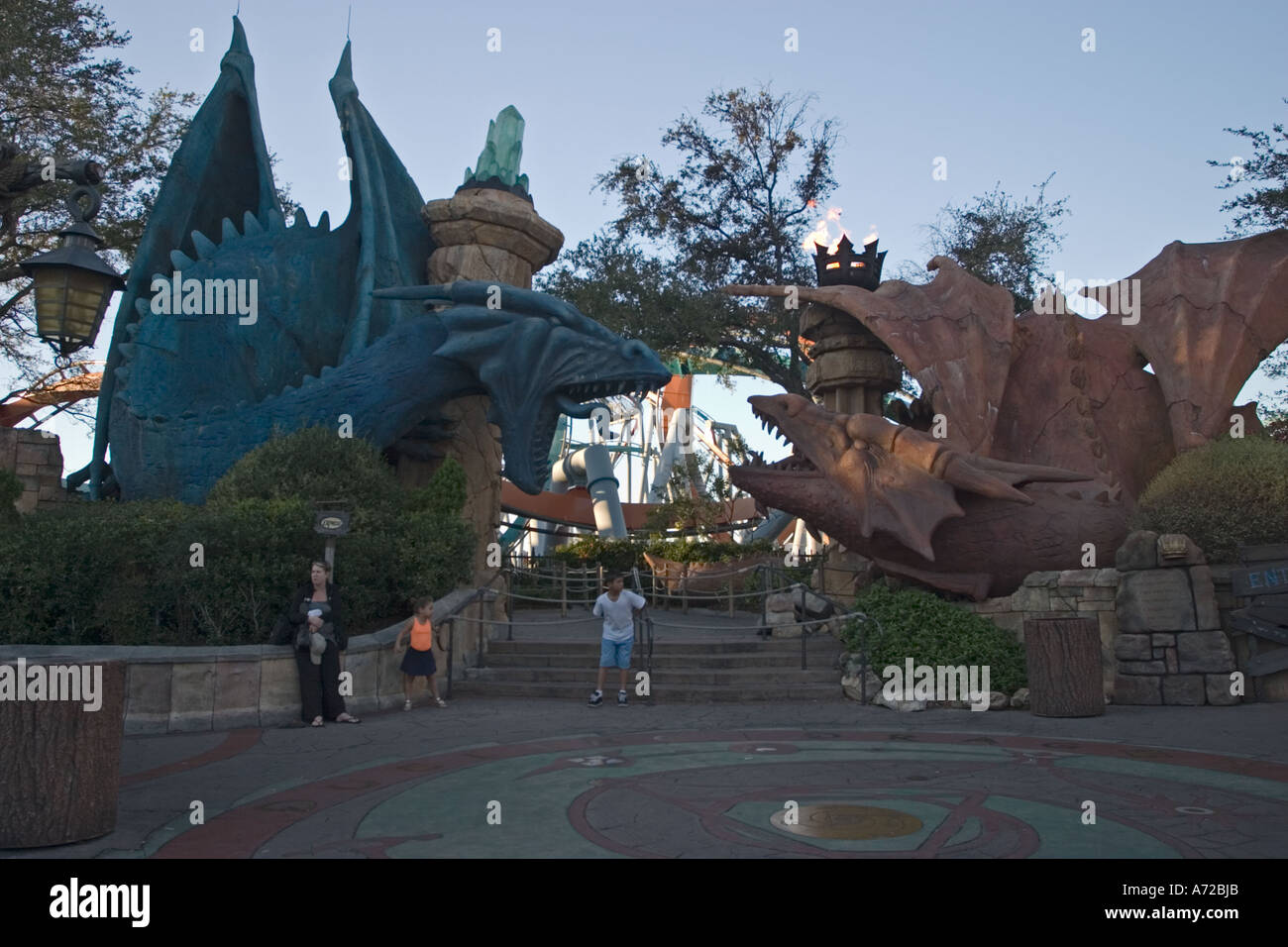 Entrance to Dueling Dragons roller coaster at dusk Islands of Adventure ...