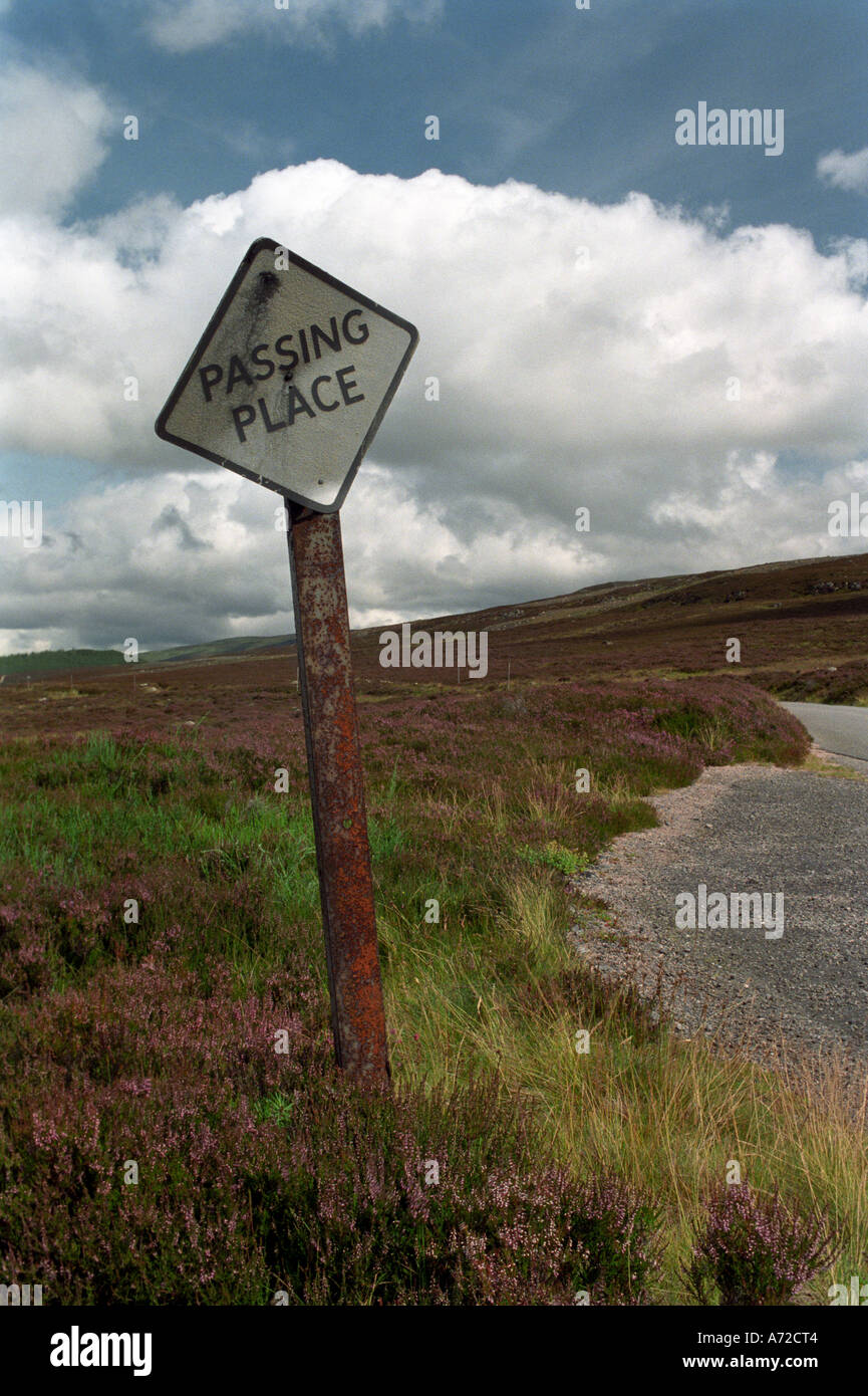 Passing place sign on single track road in the highlands of Scotland ...