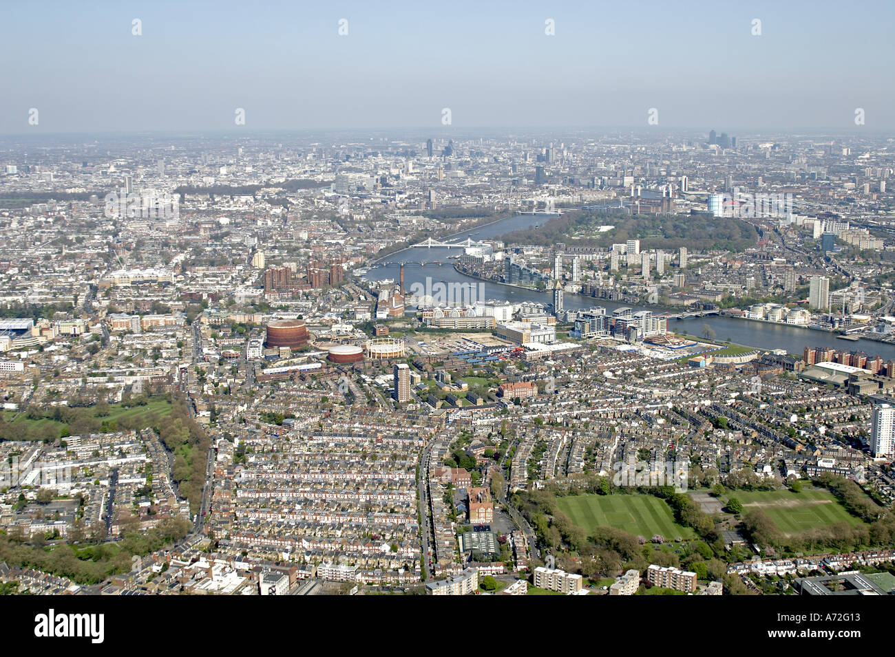 Aerial high level oblique view east of Walham Green Sands End Chelsea ...