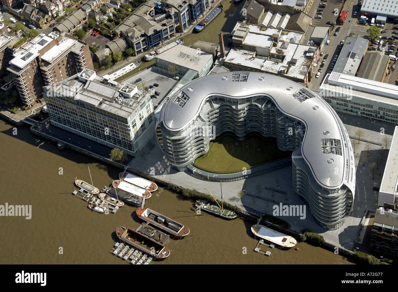 Aerial high level oblique view of Albion Wharf and Riverside One ...