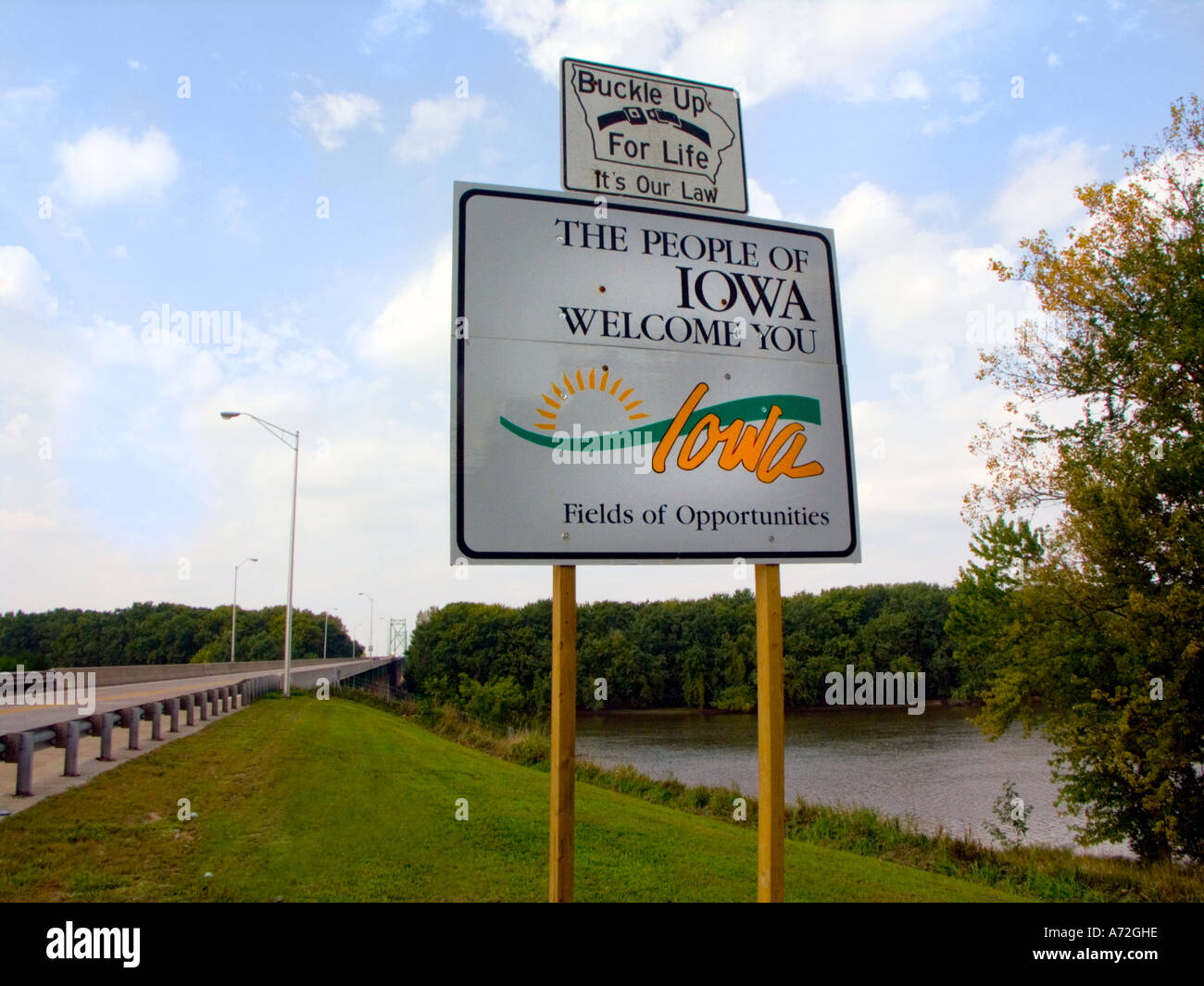 Iowa state sign with Mississippi River in background welcomes visitors ...
