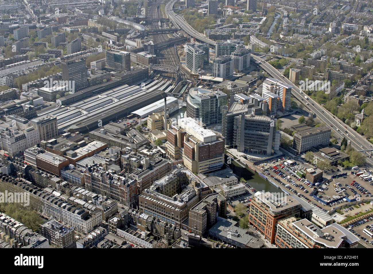 Aerial high level oblique view north west of Paddington Basin and ...
