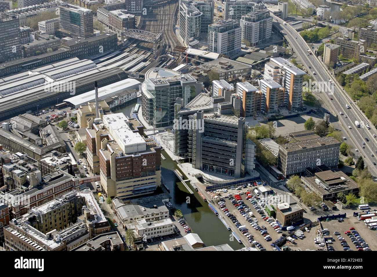 Aerial high level oblique view west of Paddington Basin and Paddington ...