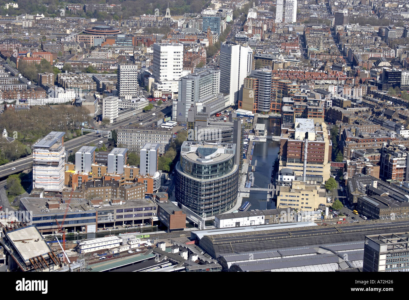 Aerial high level oblique view east of Paddington Basin and Paddington ...