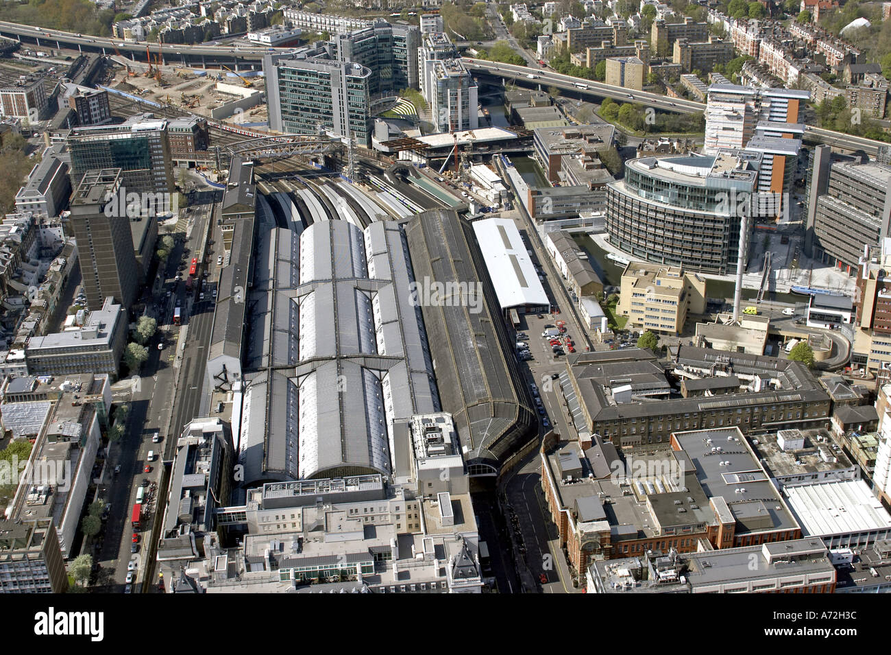 Aerial high level oblique view of Paddington Basin and Paddington ...