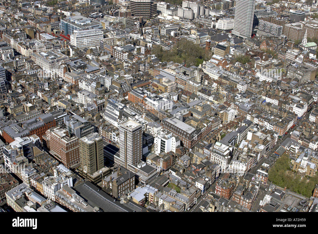 Aerial high level oblique view north east of Soho Central London W1 ...