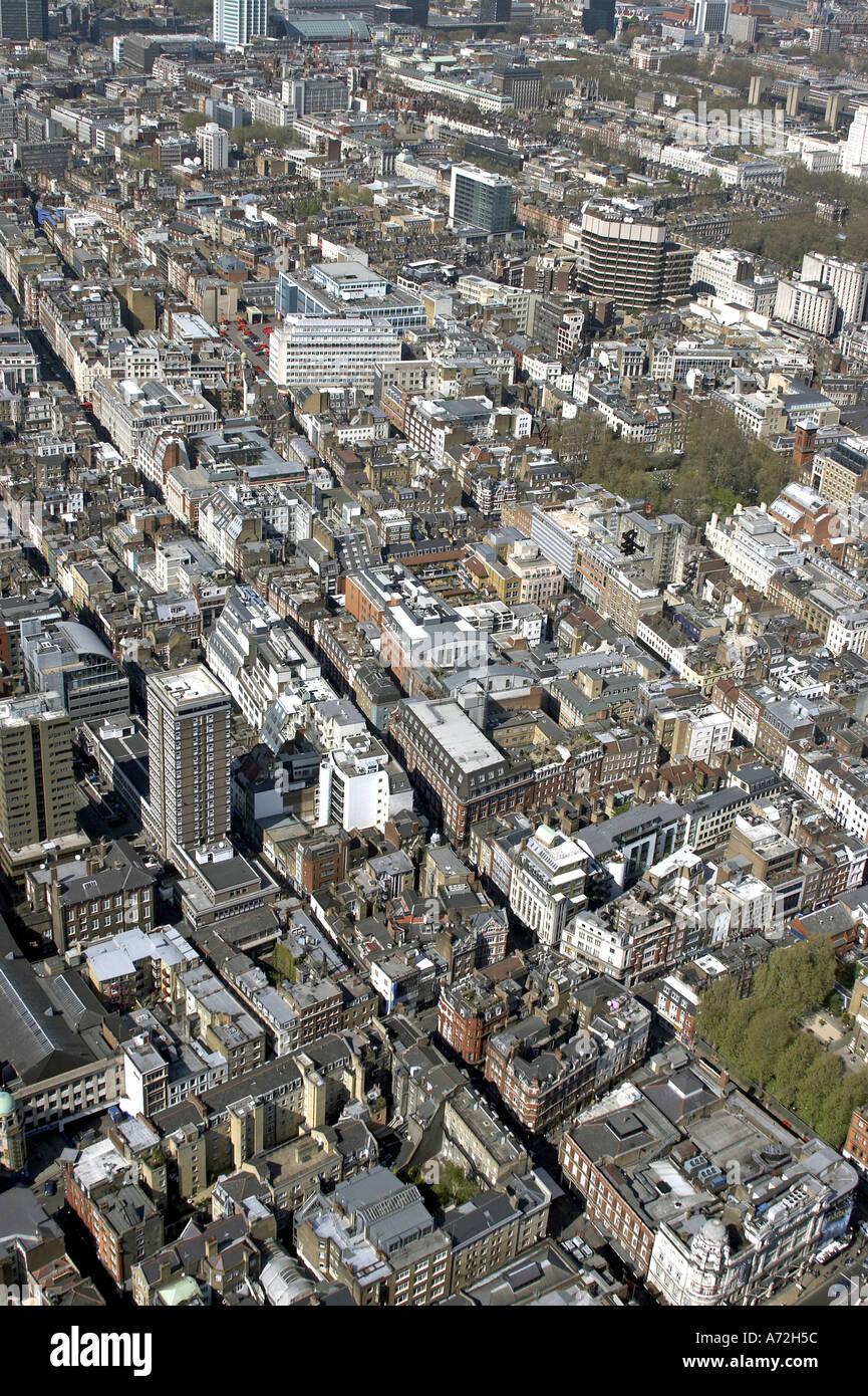 Aerial high level oblique view north east of Soho Central London W1 ...