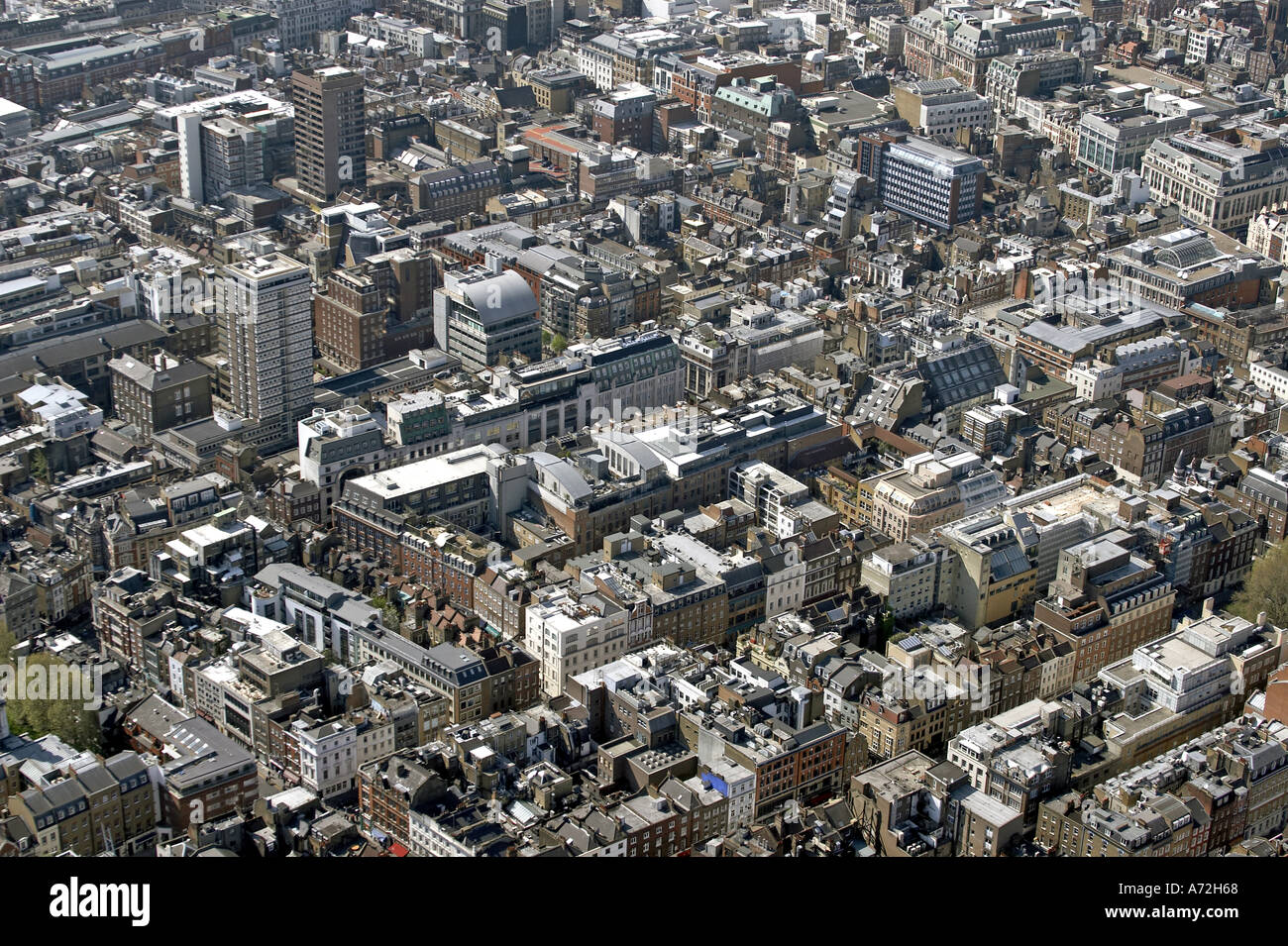 Aerial high level oblique view north west of Soho Central London W1 ...