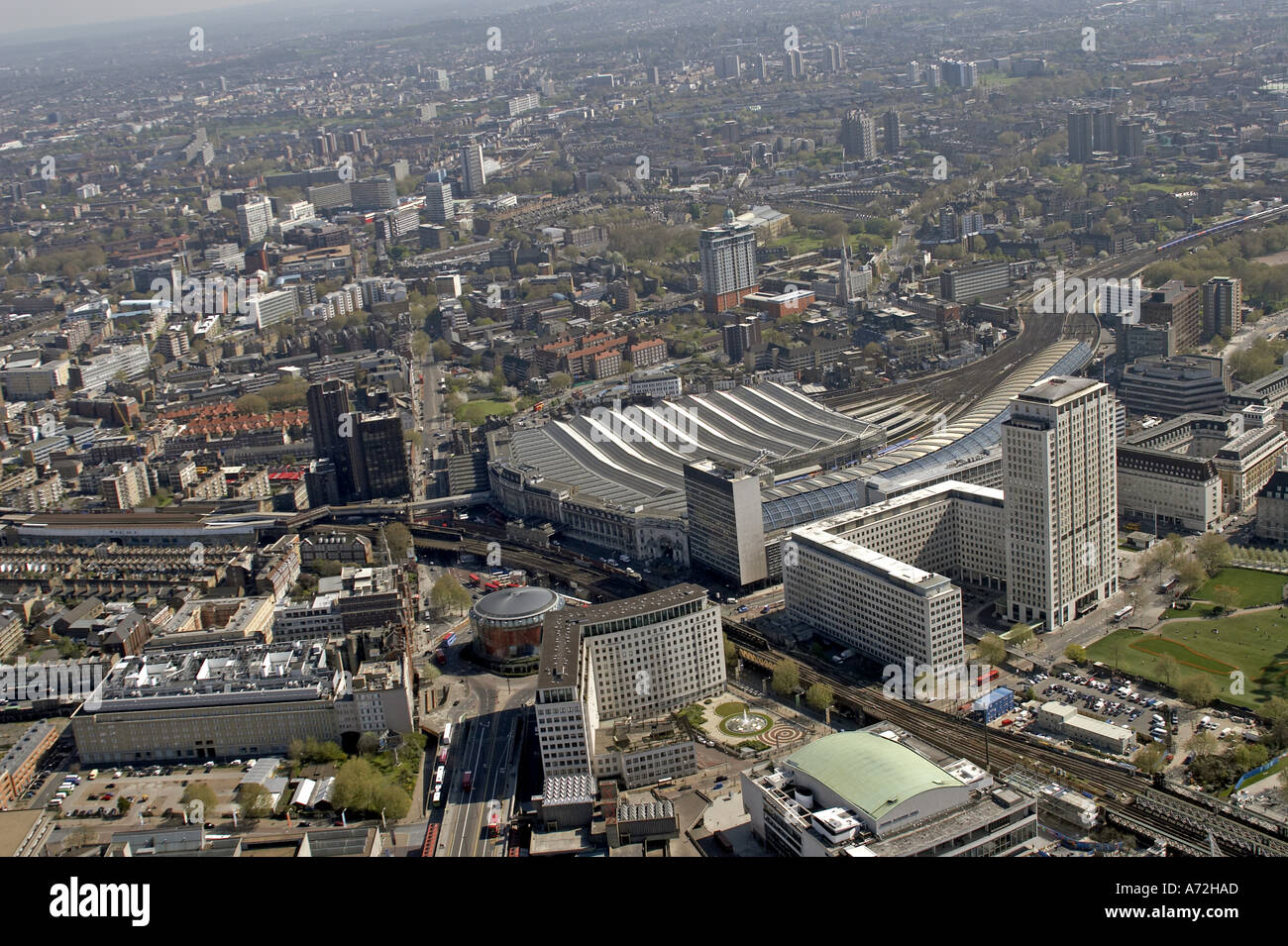 Aerial high level oblique view south of Shell Centre IMAX cinema and ...