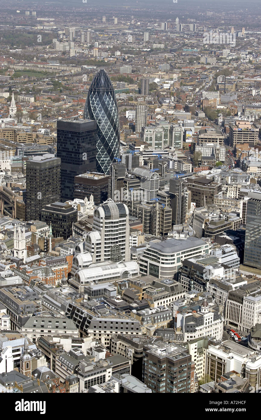 Aerial high level oblique view north of main buildings in City of ...