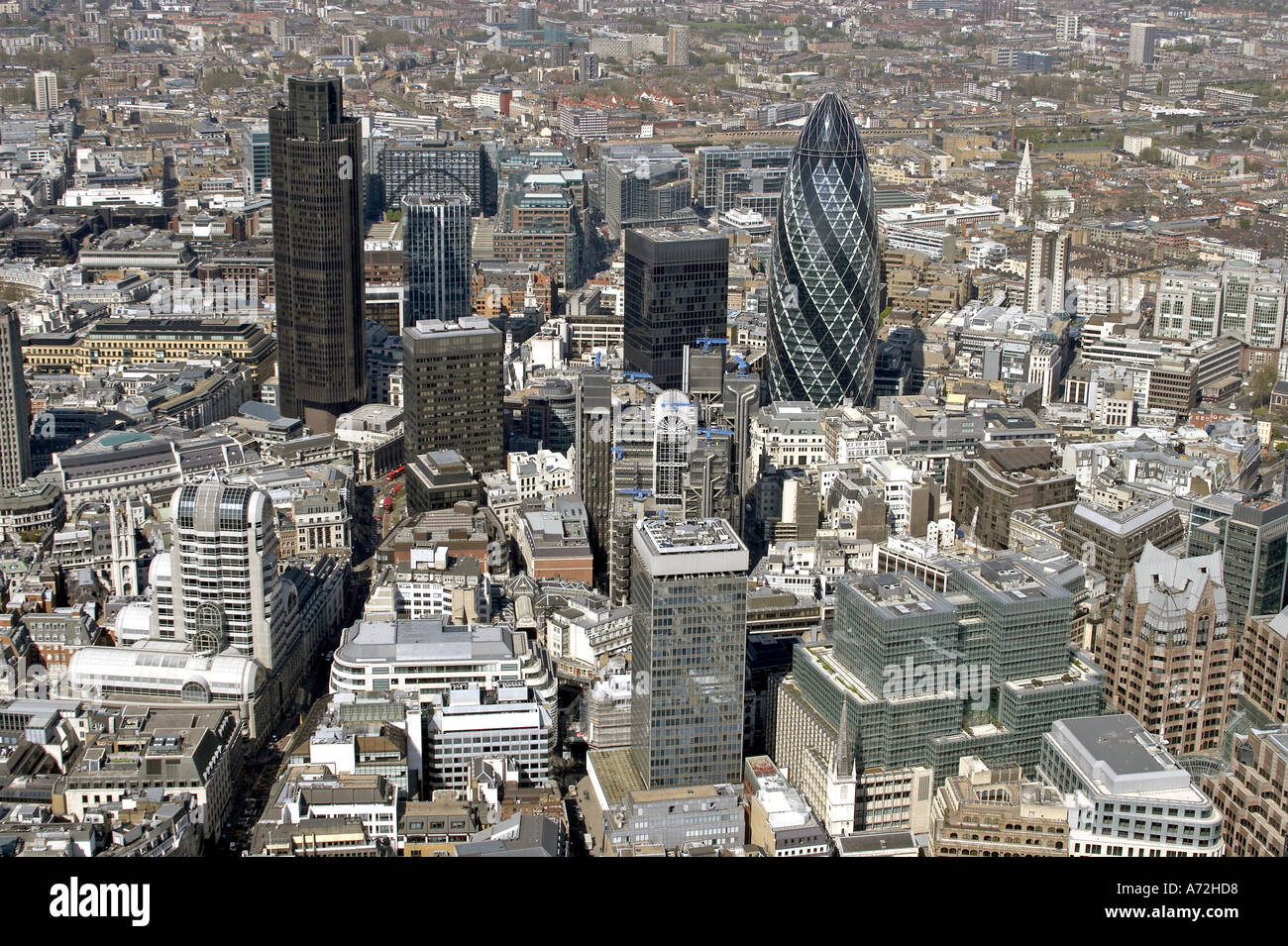 Aerial high level oblique view north of main buildings in City of ...