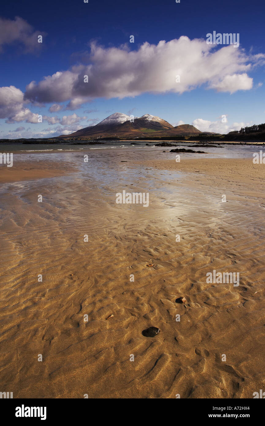 Irish Beach at old head County Mayo with a snow covered croagh patrick ...