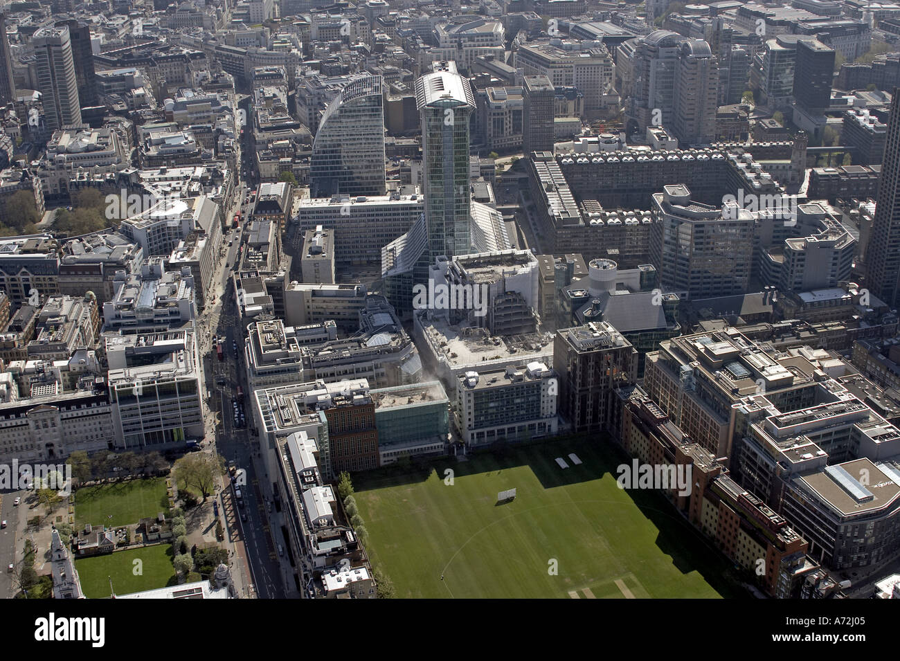 Aerial high level oblique view south of City of London buildings Moor ...