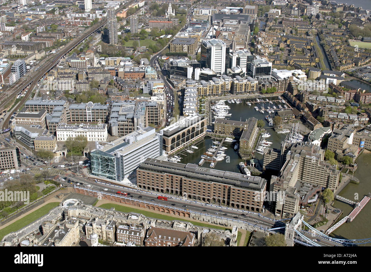 Aerial high level oblique view east of St Katharine s Docks yacht haven ...