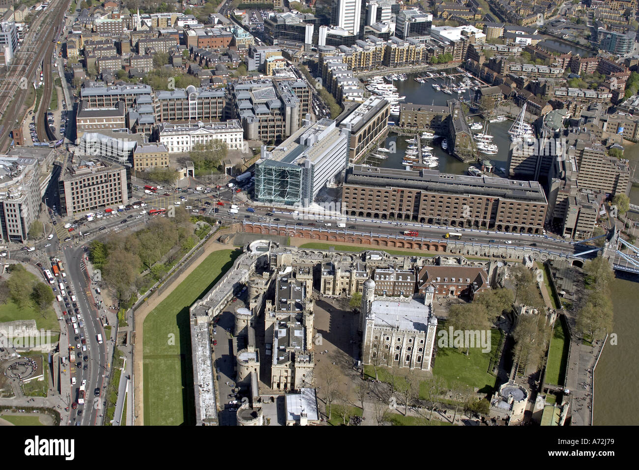 Aerial high level oblique view east of St Katharine s Docks yacht haven ...