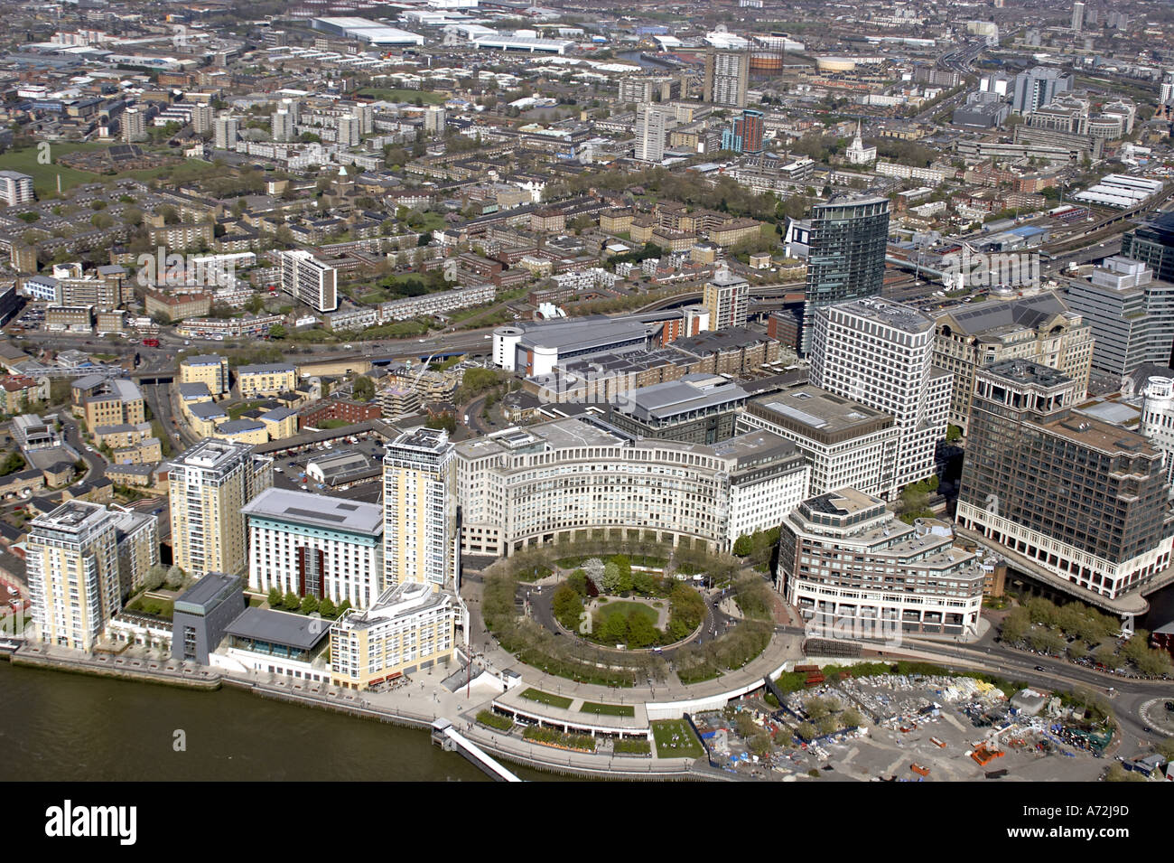 Aerial high level oblique view north east of Westferry Circus Canary ...