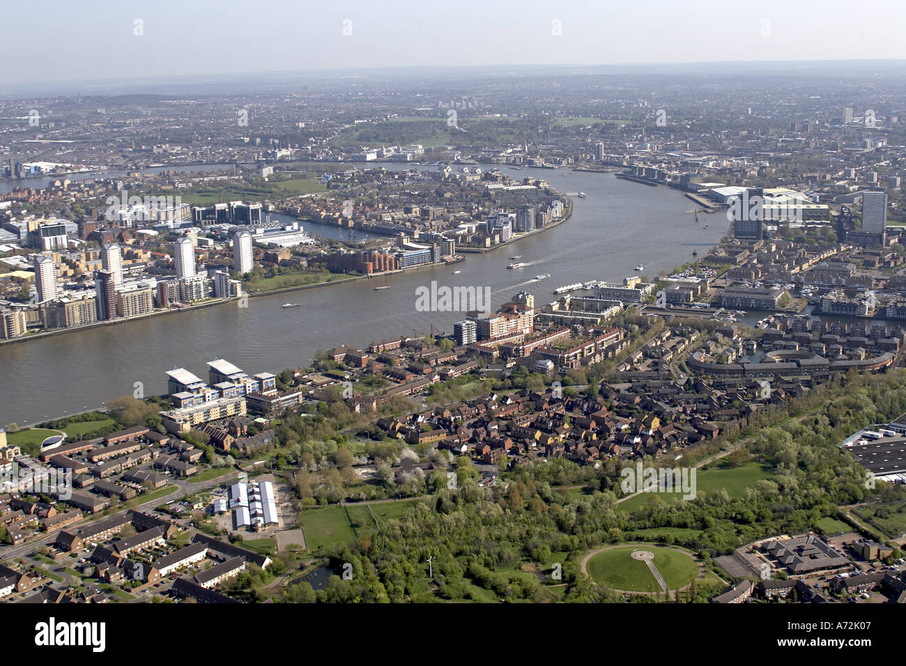 Aerial high level oblique view south east of Rotherhithe across River ...