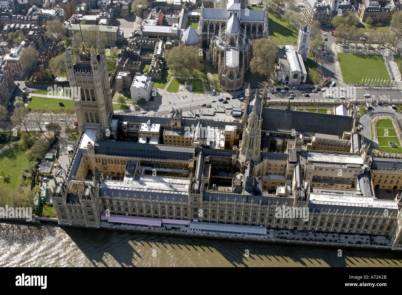 Aerial high level oblique view of House of Parliament Palace of ...