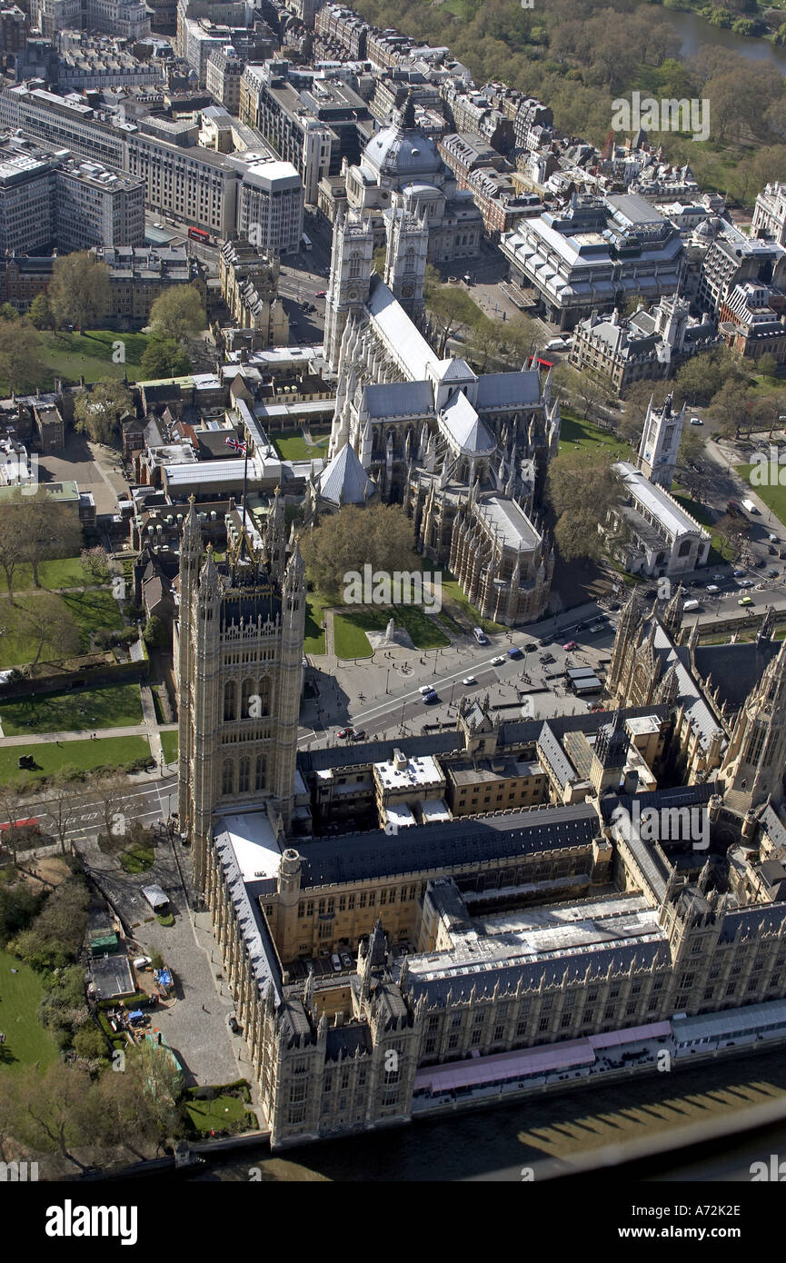 Aerial high level oblique view of House of Parliament Palace of ...