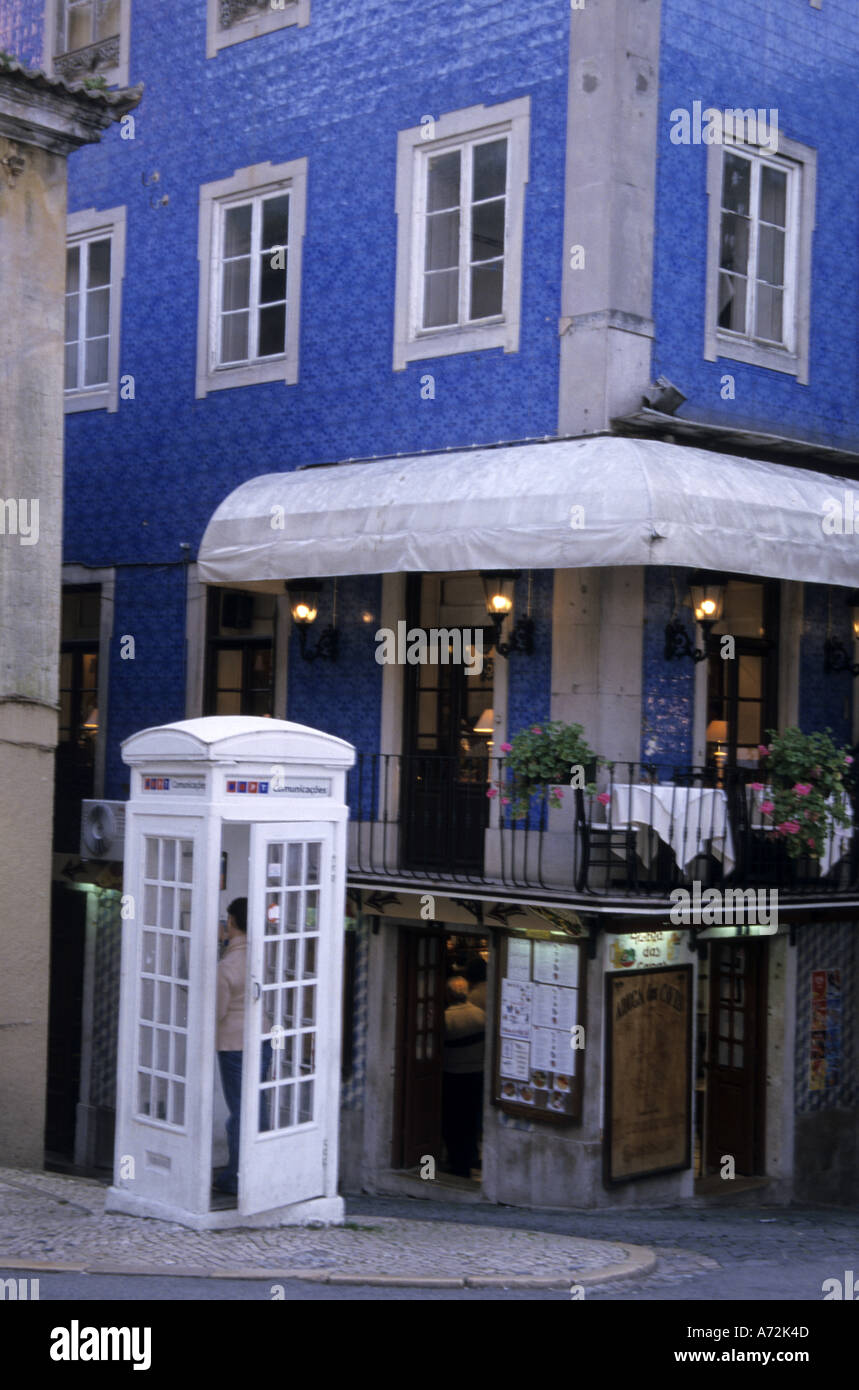 Europe, Portugal, Sintra. Phone booth next to cafe in historic building ...