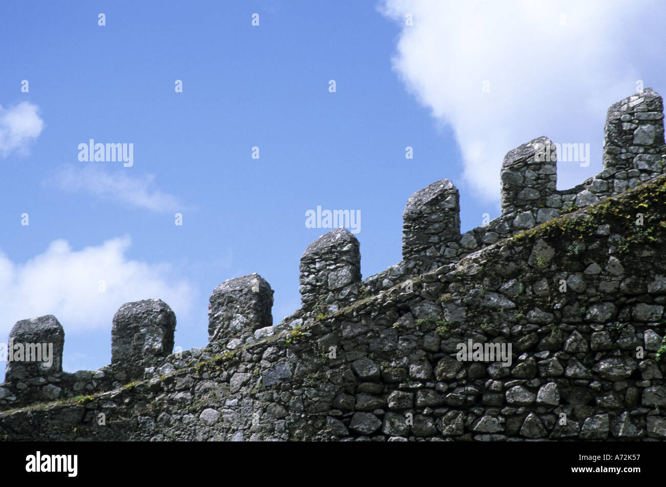 Europe, Portugal, Sintra. Crenellated walls (ramparts) of Castelo dos ...