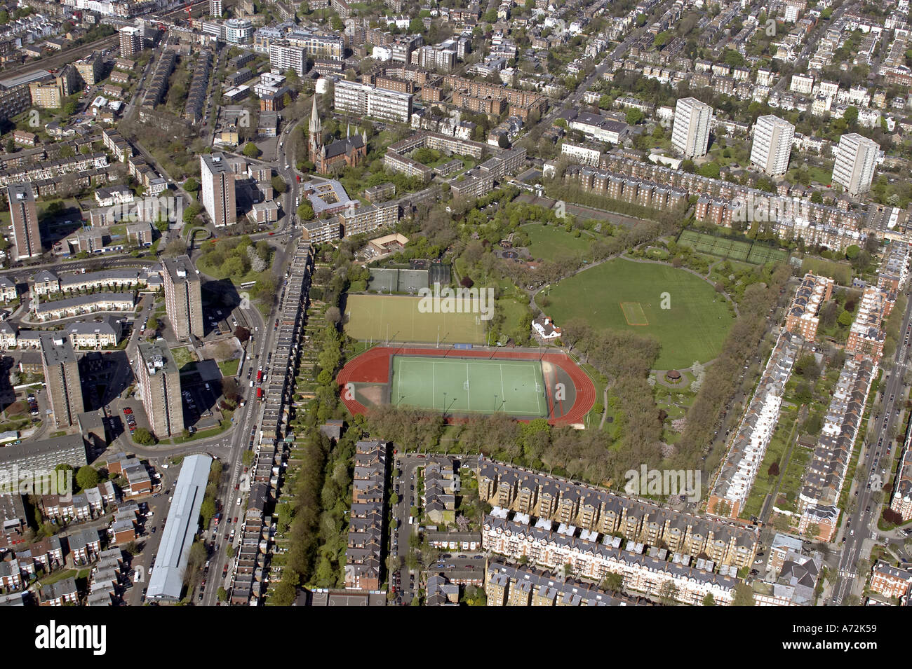 Aerial high level oblique view north of Paddington Recreation Ground ...