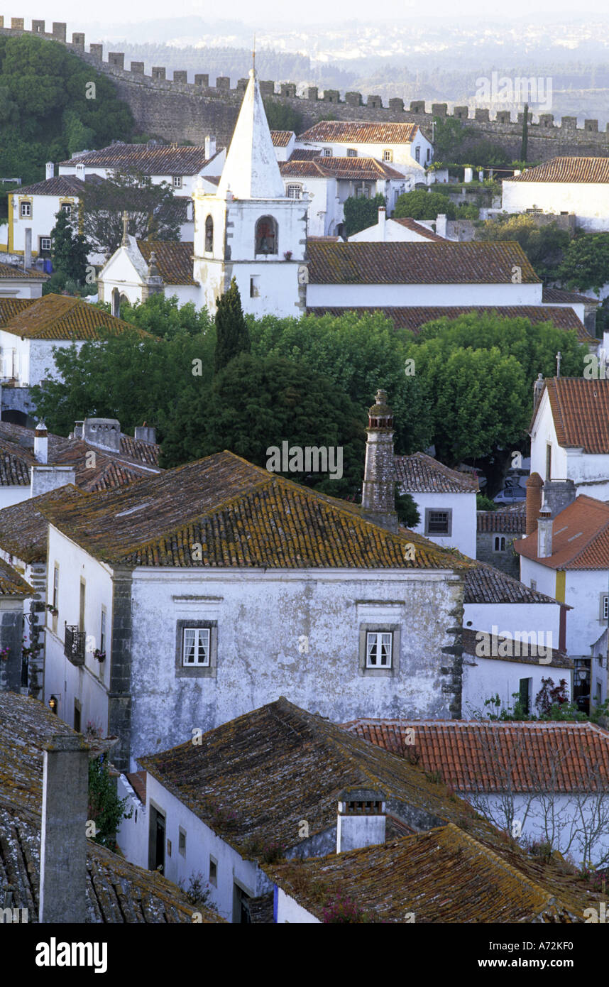 Europe, Portugal, Obidos. Elevated view of whitewashed houses and 14th ...