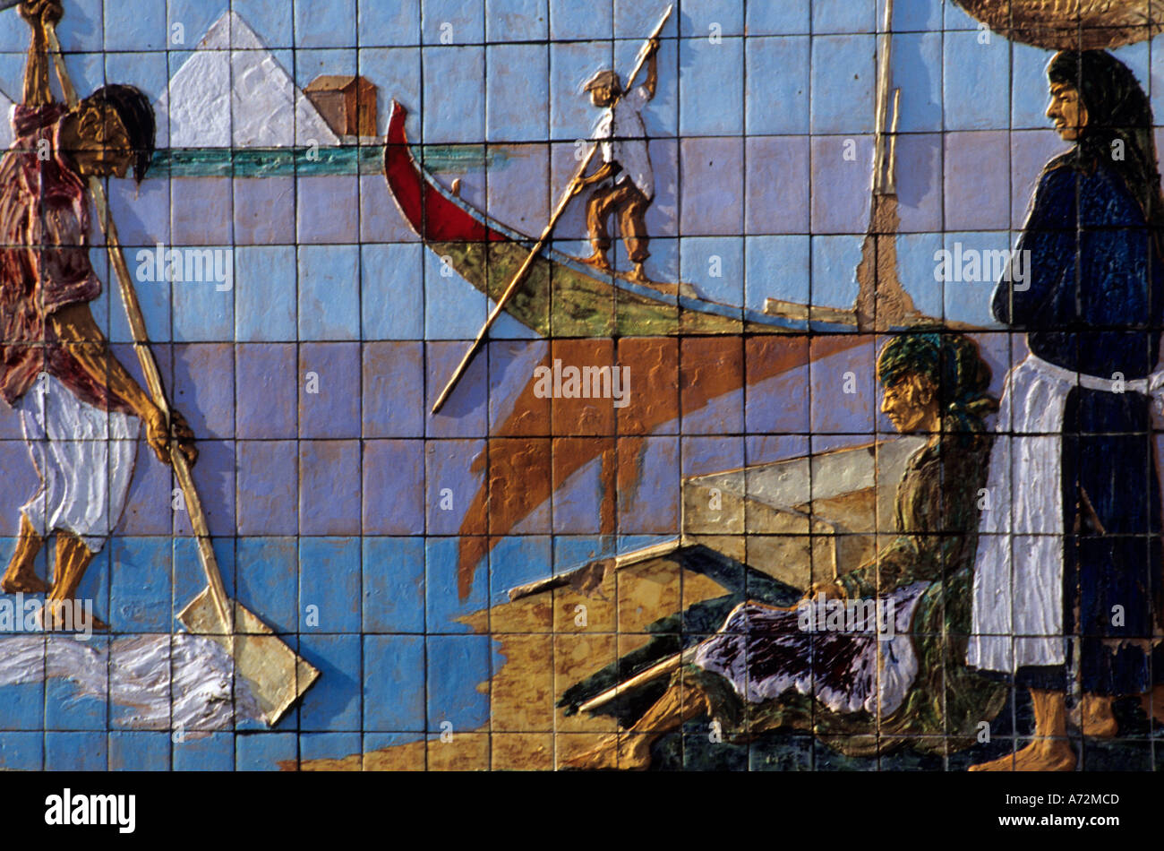 Europe, Portugal, Aveiro. Tile wall depicting workers in salt pans ...
