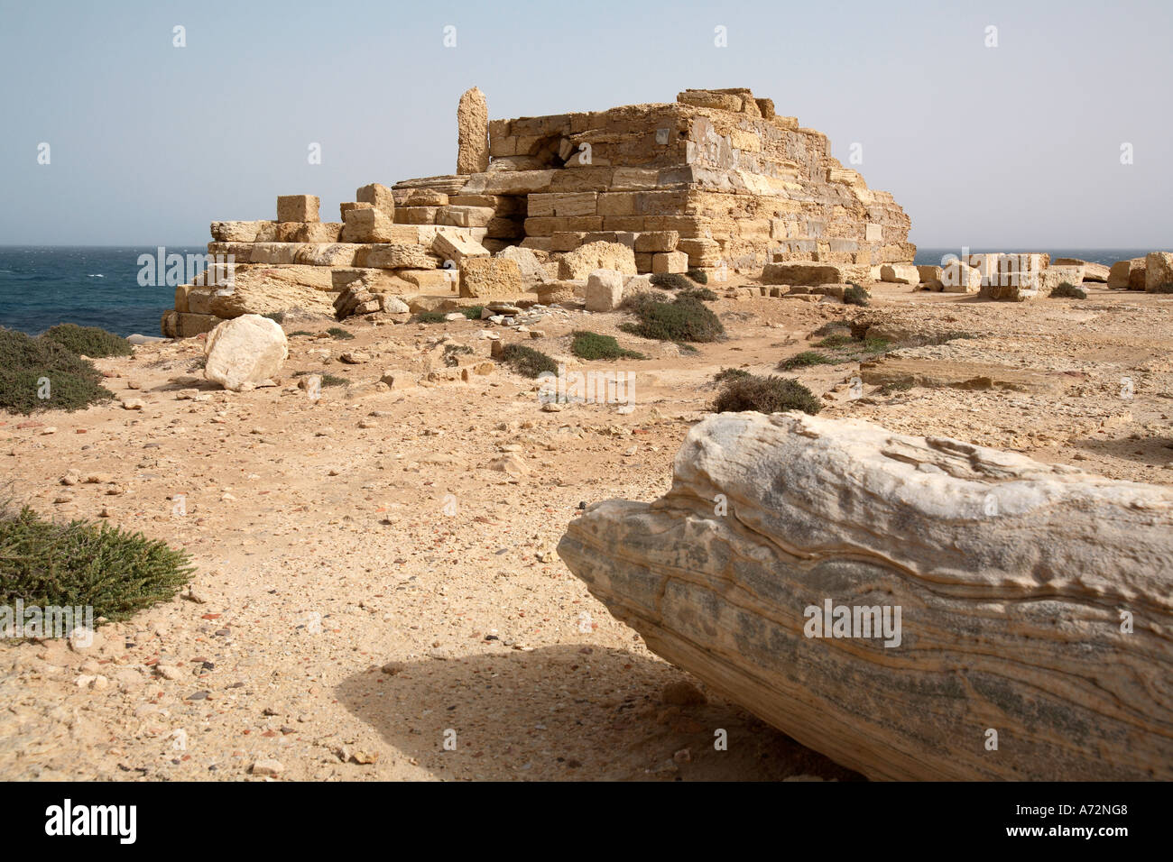 The remains of the Old Lighthouse at Leptis Magna Harbour in Libya ...