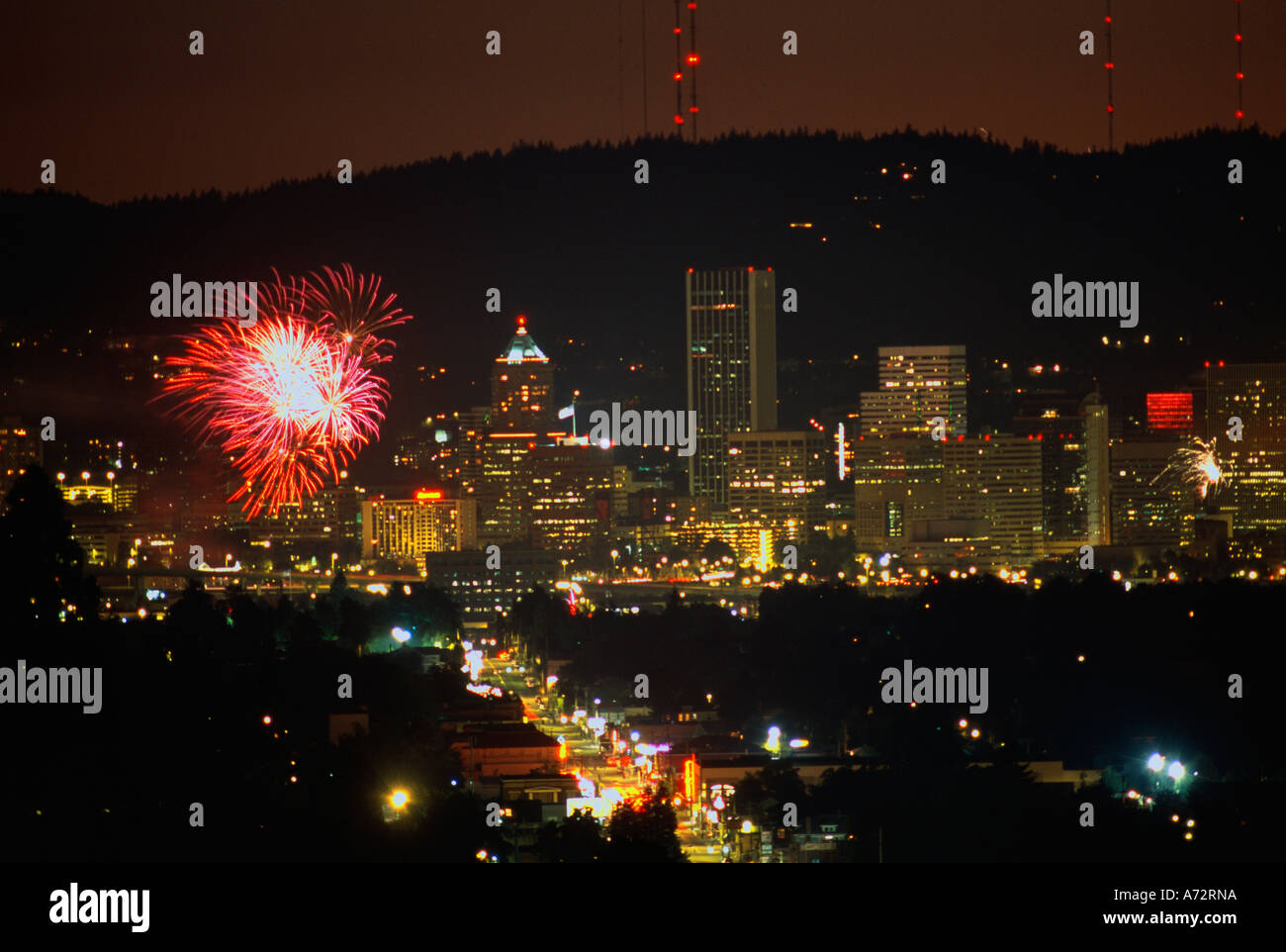 Fireworks display city lights Stock Photo - Alamy