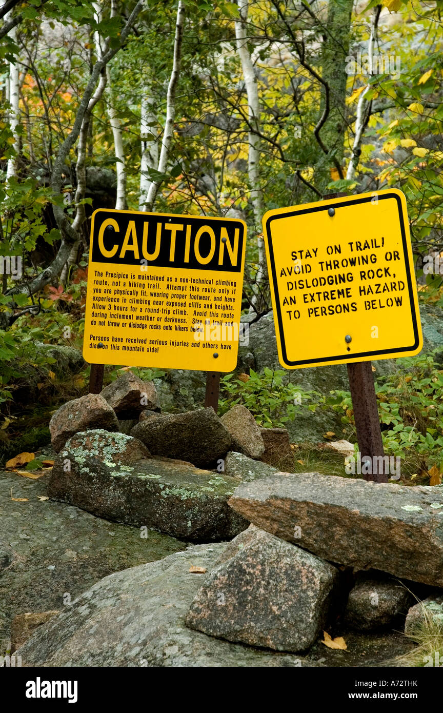 Caution Signs Precipice Trail Acadia Nat Park ME Stock Photo - Alamy