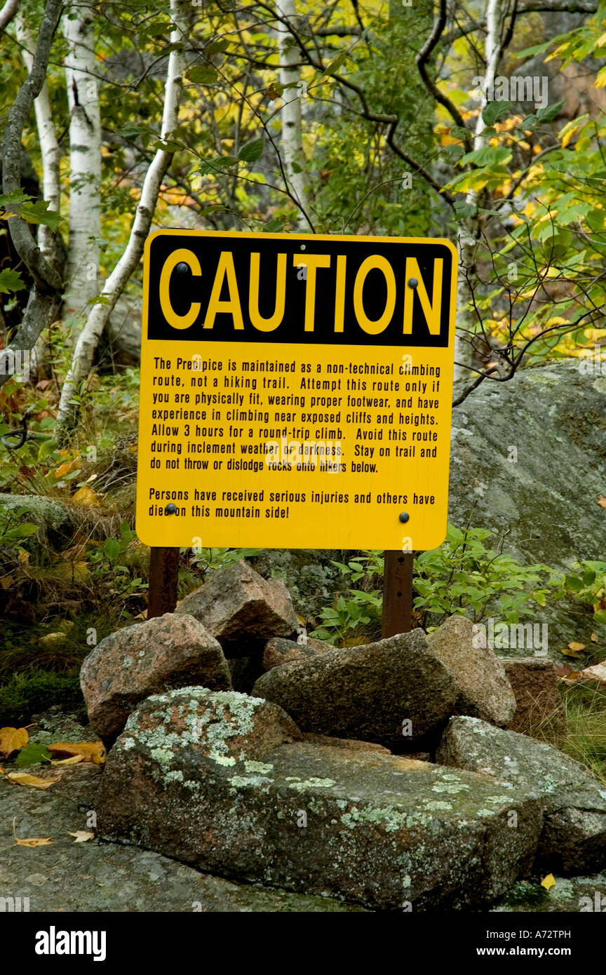 Caution Sign Precipice Trail Acadia Nat Park ME Stock Photo - Alamy