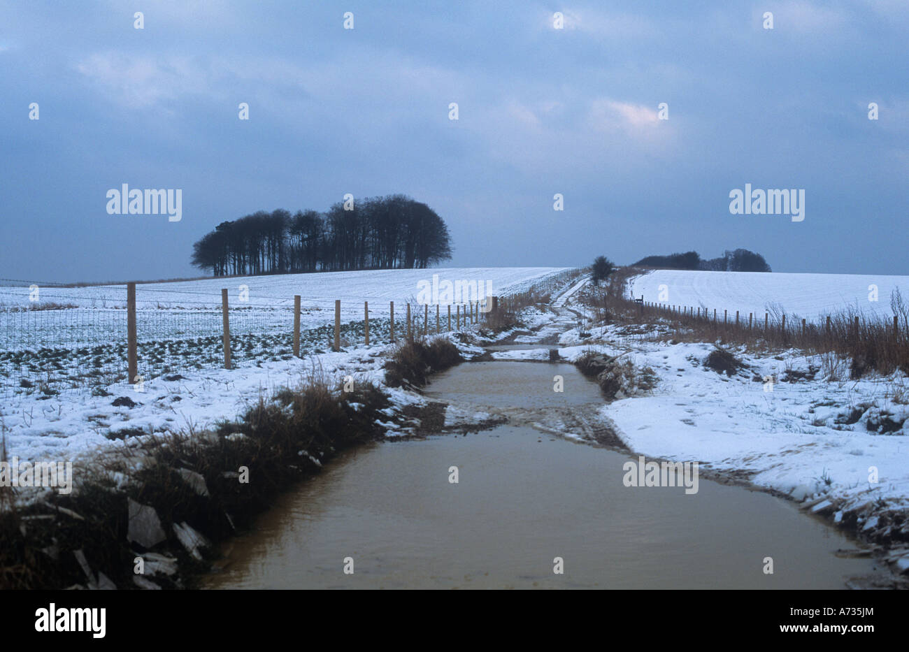 Ridgeway winter scene waterlogged track path Stock Photo - Alamy