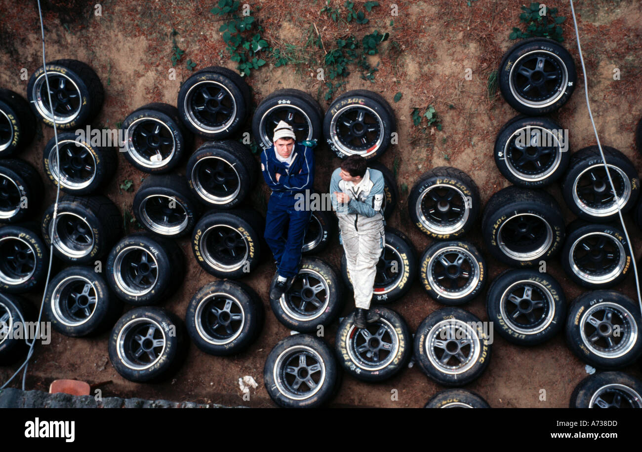 Spare wheels and tyres behind the pits at the Le Mans 24 hour motor ...