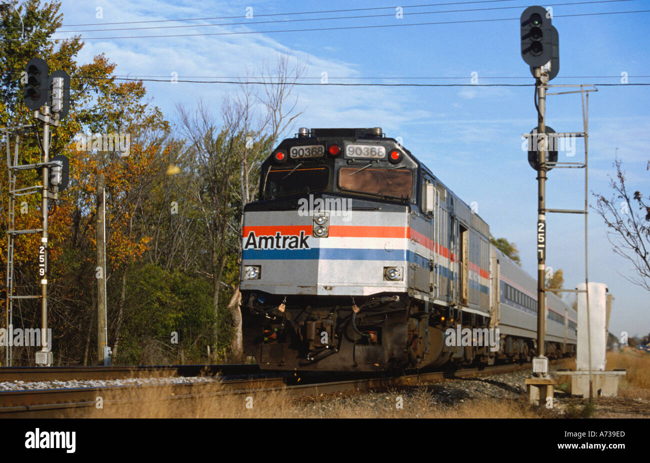 TRANSPORTATION Deerfield Illinois Amtrak train engine on tracks signals ...