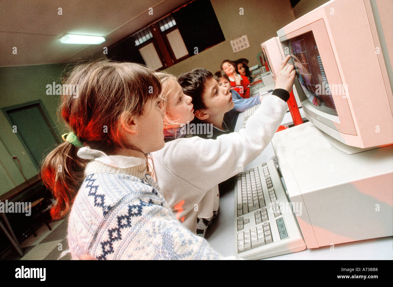 Education, PARIS France, Group Young French Children in School Using ...