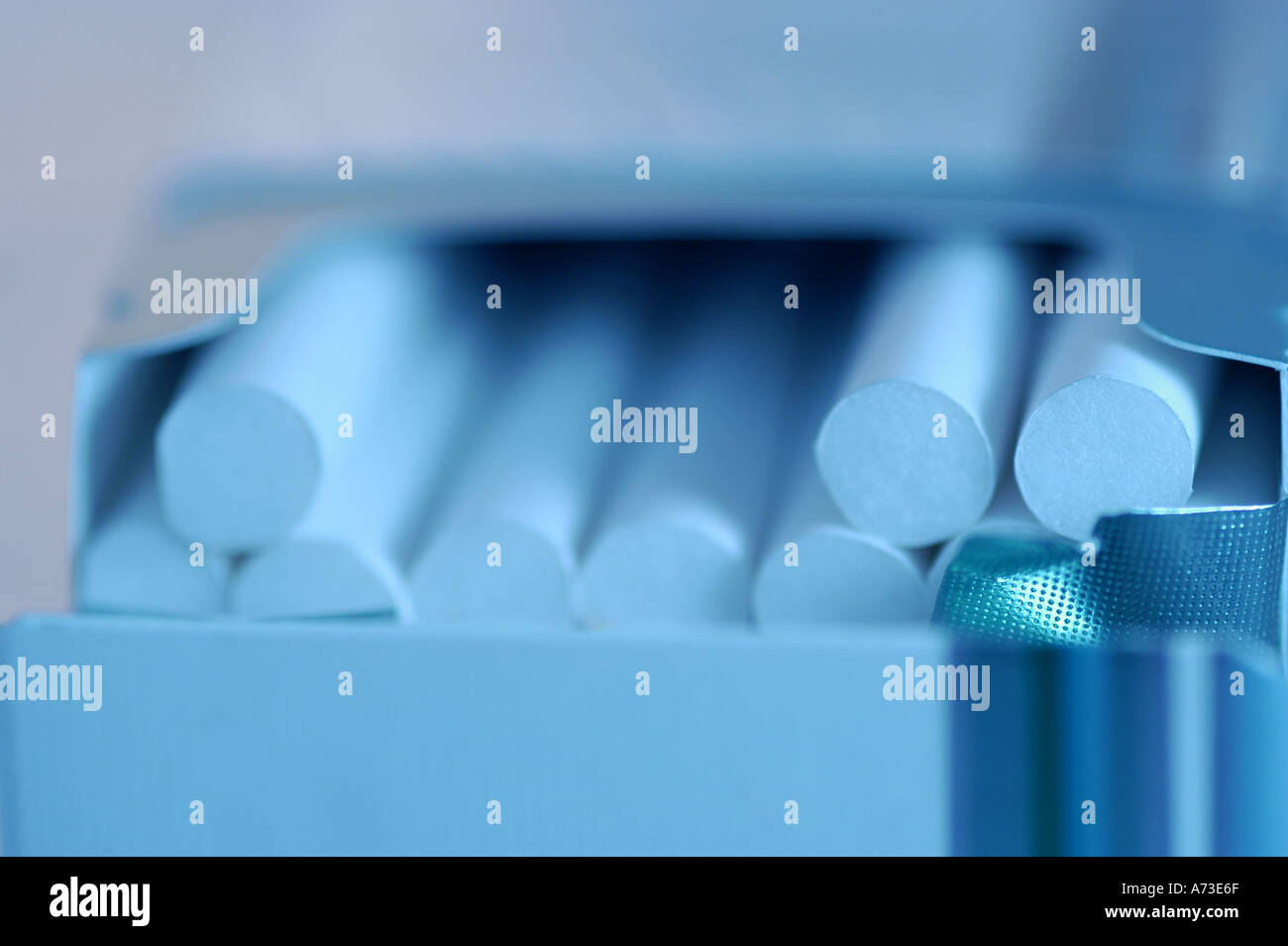 White cigarettes in box top blue Stock Photo - Alamy