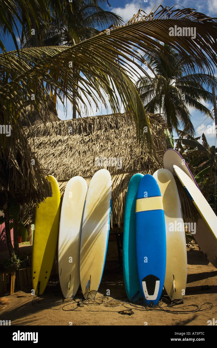 Surf boards leaning by a hut Stock Photo - Alamy
