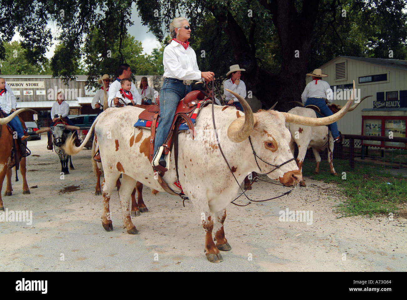 A woman riding a longhorn in Bandera Texas Stock Photo - Alamy