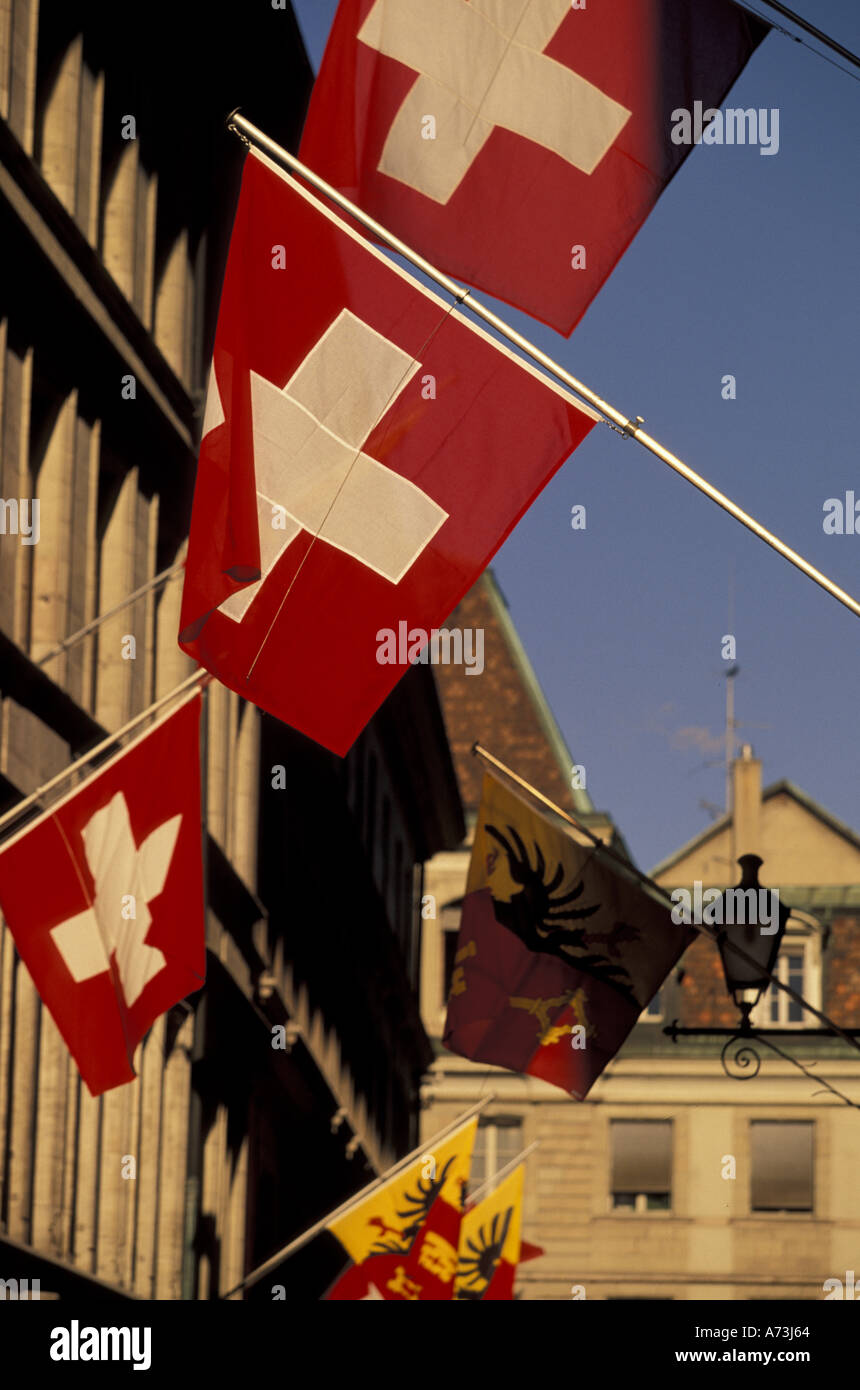 Europe, Switzerland, Geneva. Swiss flags Stock Photo - Alamy