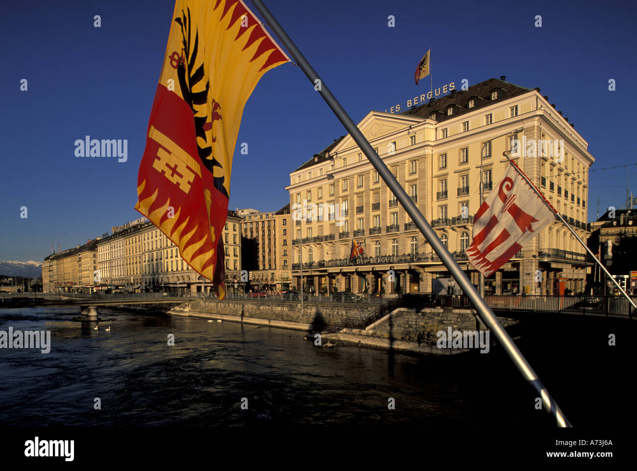 Europe, Switzerland, Geneva. Flags, Lac Leman waterfront Stock Photo ...