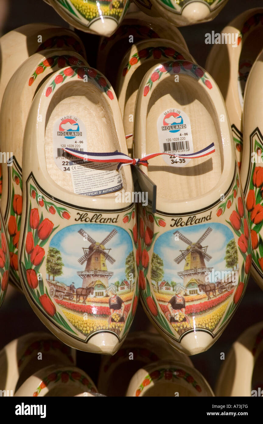 Pair of clogs Sabot or Dutch wooden shoes painted with windmill and ...