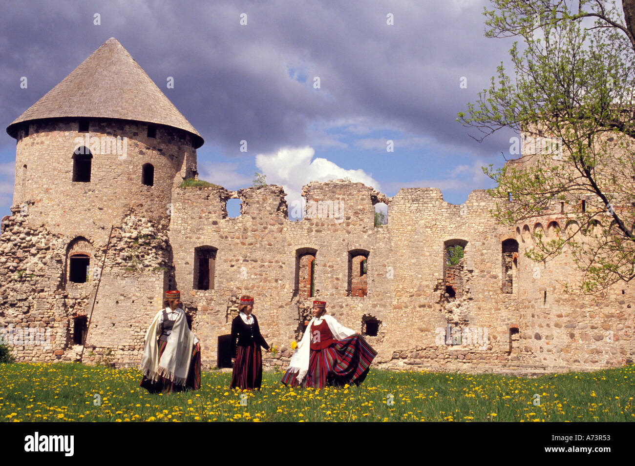 Latvian girls in traditional dress, singing and dancing in dandelion ...