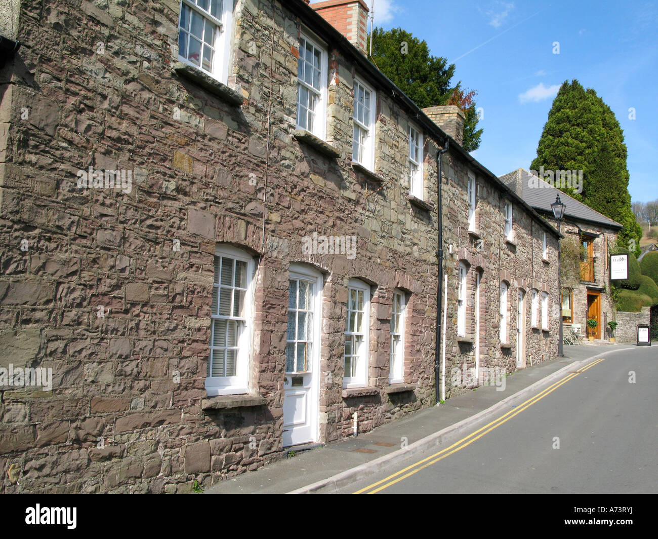 Traditional stone built row of terraced cottages in Crickhowell Powys ...