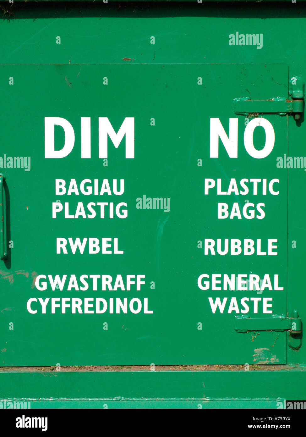 Bilingual Welsh English language signage at community GARDEN WASTE ...