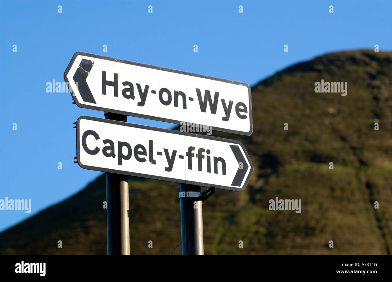 Road signs to Hay-on-Wye and Capel-y-ffin via Gospel Pass on roadside ...