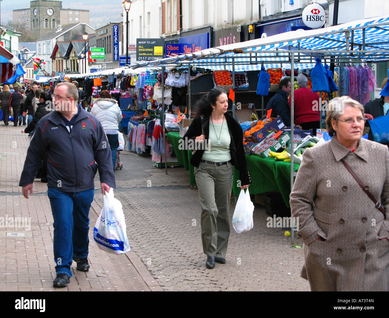 Open air market on main shopping street in Merthyr Tydfil South Wales ...