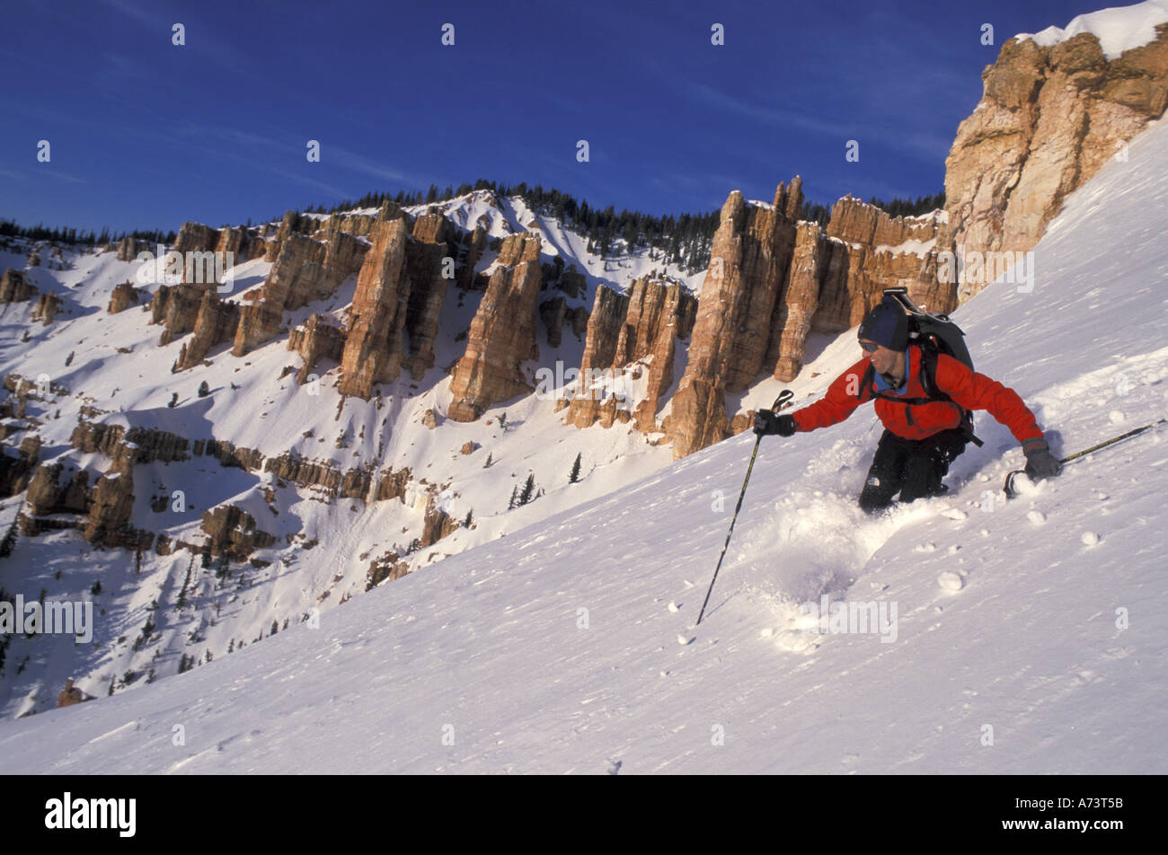 USA, Utah, Cedar Breaks NM Eric cranks turns in chunky powder (MR Stock ...