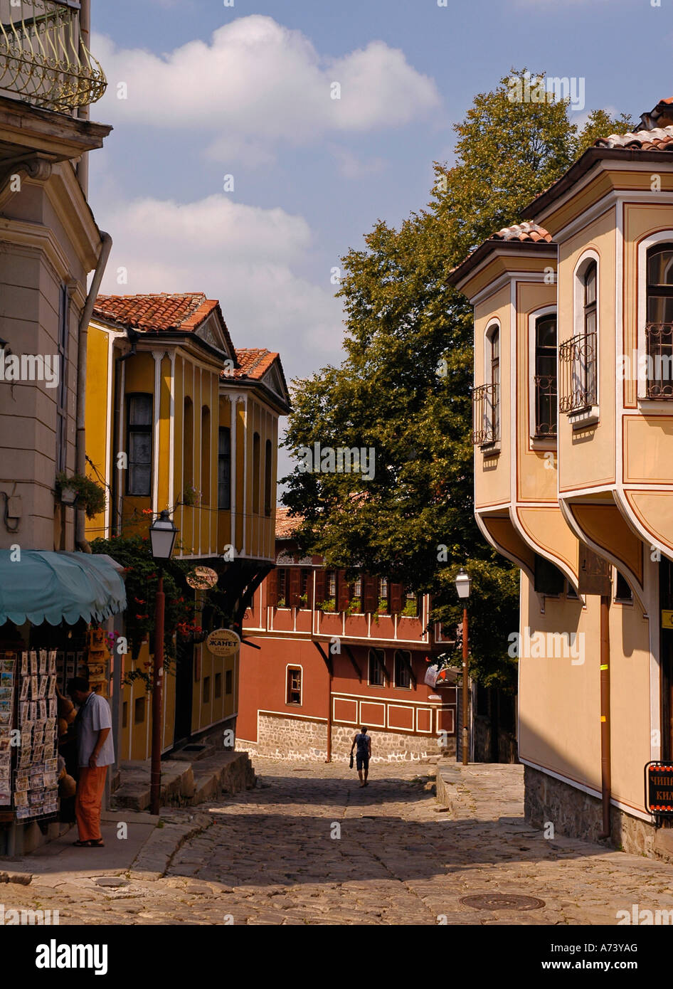Street in old Plovdiv with Balabanov House Museum in background ...
