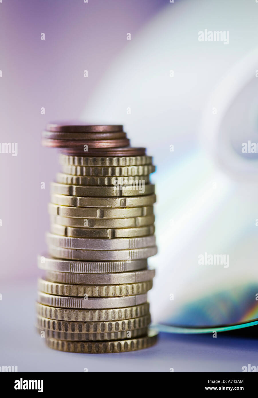 Data storage cost money pile and digital disk. Column of small euro ...